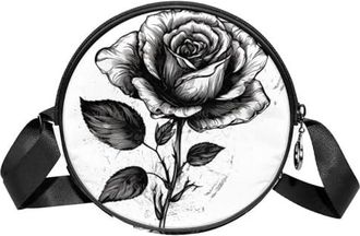 Generic Petit sac &agrave; bandouli&egrave;re rond pour femme, motif rose avec fermeture &eacute;clair, bretelles r&eacute;glables, sac &agrave; main rond d&eacute;contract&eacute; pour femmes et filles