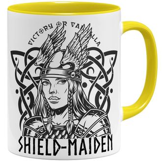 OM3 Wikinger Shield Maiden Kaffee-Tasse Kriegerin Schildmaid Valhalla or Die - Keramik Becher - 11oz 325ml - Beidseitig Bedruckt - Gelb