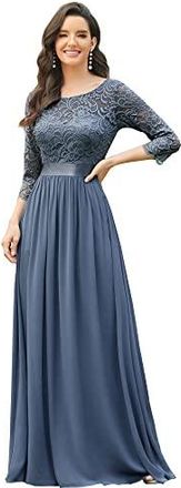 Ever-pretty Robes de Soirée Femme Empire Manches 3/4 en Dentelle Élégant Bleu Poussiéreux 44