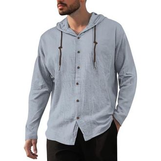 Generic DENGJIAMY Sweat &agrave; capuche en lin pour homme uni boutonn&eacute; chemise &agrave; manches longues plage vacances chemise unie d&eacute;contract&eacute;e d&eacute;t&eacute; hauts pour hommes t-s