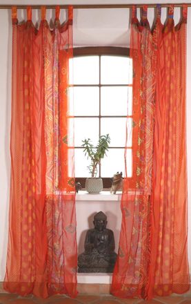 Guru Shop Vorhang 2 St&uuml;ck Seidige Upcyceling Gardine aus Patchwork Sareestoff, Unikat Vorh&auml;nge - Orange, Synthetisch, 250x100x0 cm