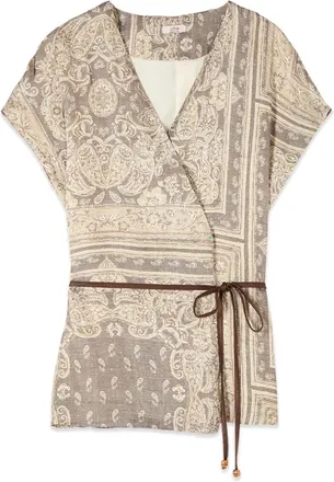 Oltre Femme, Blouses et Chemises, Beige, Taille: 36 FR Chemisier en satin &agrave; motifs