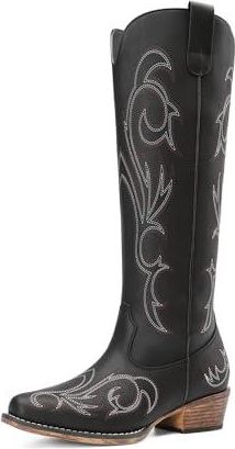 Dream Pairs Bottes Femme Style Western Cowgirl Confortables Bottes Cowboy Hautes Knee High avec Fermeture Éclair Latérale,Size 38.5,Noir,DWUMKB2502