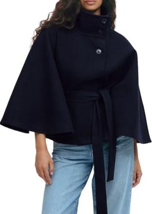 EUDOLAH Femmes Poncho &Eacute;l&eacute;gant Poncho Cape &agrave; Col Montant et Boutons pour Lautomne et lhiver &Eacute;l&eacute;gante &Eacute;charpe Cape avec Ceinture (S, Bleumarine)