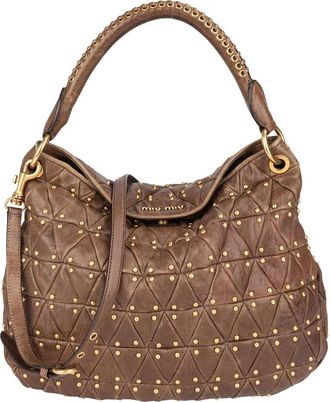 Miu Miu Crossbody Bags - Miu Miu Quilted Studded Leather Hobo Handbag - Gr. unisize - in Braun - f&uuml;r Damen