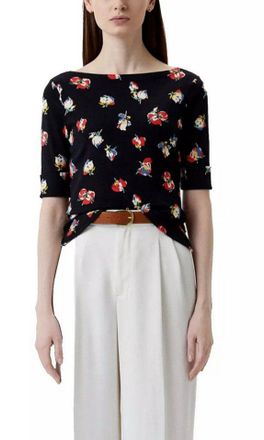 Lauren Ralph Lauren Blusentop U-Boot Ausschnitt Bluse Floral Print Shirt Slim Fit mit seitlichen Schlitzen, tailliert und h&uuml;ftlang