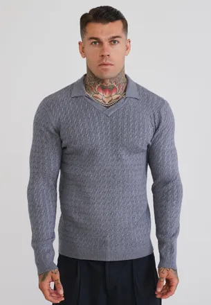 Siksilk Herren Grau Meliert Langarm Gestricktes Polo T-Shirt XXL