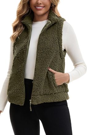 Feoya Teddy Fleece Weste Damen Fleeceweste &Auml;rmellose Herbstmantel Fell Weste Pl&uuml;schweste Warm Teddyjacke Weich Pelzjacke mit Taschen Gr&uuml;n XL