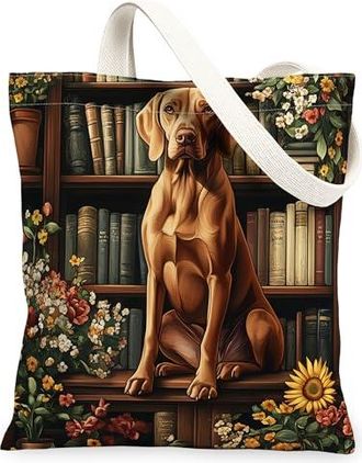 Generic Spring Vizsla Sac fourre-tout en toile r&eacute;utilisable pour faire du shopping, 33 x 38,1 cm, imprim&eacute; floral, chiot - Sac d&eacute;picerie pour femme, animal dom