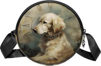 Generic Sac &agrave; bandouli&egrave;re rond pour femme, motif chien vintage, petit sac &agrave; bandouli&egrave;re avec fermeture &eacute;clair, bretelles r&eacute;glables, sac &agrave; main rond d&eacute;contract