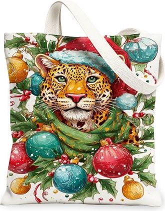 Generic Sacs fourre-tout en toile motif l&eacute;opard de No&euml;l, sacs d&eacute;picerie r&eacute;utilisables, vintage, l&eacute;gers et lavables, toile pour voyage, pique-nique, 33 x 38,1 