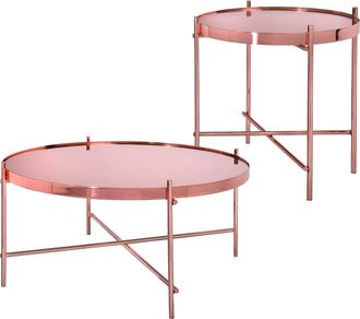 WOMO-DESIGN Couchtisch 2er Set &Oslash;43x45 + &Oslash;75x35 cm rund, Kupfer, Metall/Glas, Unikat, Modern, Wohnzimmertische mit Glasplatte und Metallgestell, Satztische Beistel