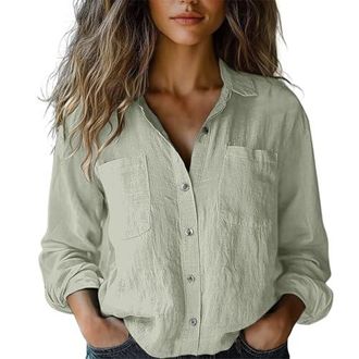 Generic Chemise d&eacute;contract&eacute;e en coton et lin pour femme - Manches longues - Couleur unie - Haut de travail ample avec poches - T-shirt &agrave; manches longues pour 