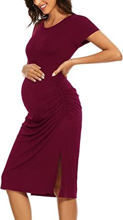 Smallshow Robe de maternité à manches courtes froncée pour femme, bordeaux, XL