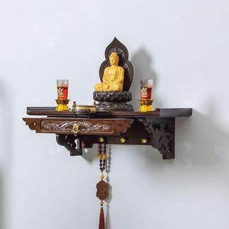 Generic Buddhistischer Schrein, wandmontierter buddhistischer Pooja-Schrank, Schreinaltar, buddhistische Gebetsnische aus Bambus, R&auml;uchertisch