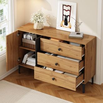 STILVORA Buffet et Enfilade avec 1 Porte et 3 Tiroirs, Pieds en M&eacute;tal, Style Moderne, en Panneaux de Particules, Noir et Naturel, 120&times;35&times;76 cm