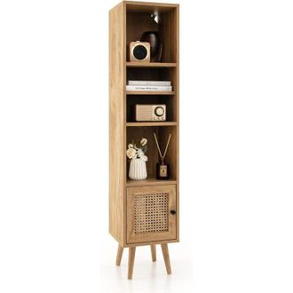 Costway Costway - Hochschrank Rattan, B&uuml;cherregal mit 4 Ablagen und Rattant&uuml;r, Kommode Boho Style, 29,5 x 29,5 x 137cm