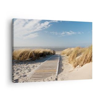 Arttor Bilder auf Leinwand Strand Meer Fußgängerbrücke Ufer Leinwandbild 70x50cm Wandbilder Dekoration Wohnzimmer Schlafzimmer Deko Klein Wanddeko Bild Wand 