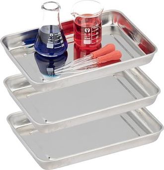 Relaxdays Instrumententablett, 3er Set, H x B x T: 2,5 x 21,5 x 15cm, Edelstahl Laborschale, spülmaschinenfest, silber