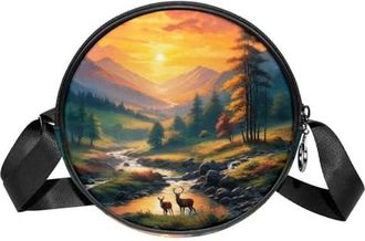Generic Sac &agrave; bandouli&egrave;re Circle pour femme, petit sac &agrave; bandouli&egrave;re Art Mountain Deer avec fermeture &eacute;clair, bretelles r&eacute;glables, sac &agrave; main rond d&eacute;contract&eacute;