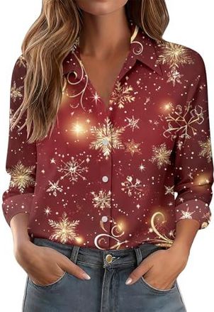 Generic Pull de Noël à manches longues pour femme Motif Père Noël Arbre de Noël Flocon de neige Chemises UK Boutons fantaisie Graphique 2026 Chemisiers de Noë