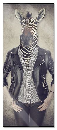 Pixxprint Glasbild Panorama, Wandbild aus Echtglas, Zebrakopf Menschenkörper mit Lederjacke, 100x40 cm, inkl. Aufhängung und Abstandshalter