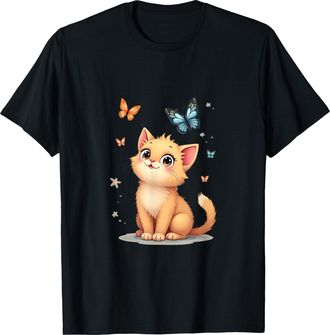 Mapanoli Design Niedliches K&auml;tzchen mit Schmetterlingen - niedlicher Katzenliebhaber T-Shirt
