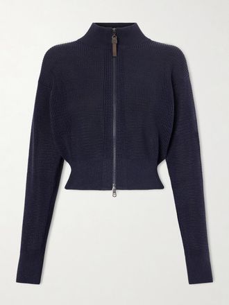 Brunello Cucinelli Cardigan En Coton M&eacute;lang&eacute; &Agrave; Ornements Et &Agrave; Fermeture &Agrave; Glissi&egrave;re - Bleu