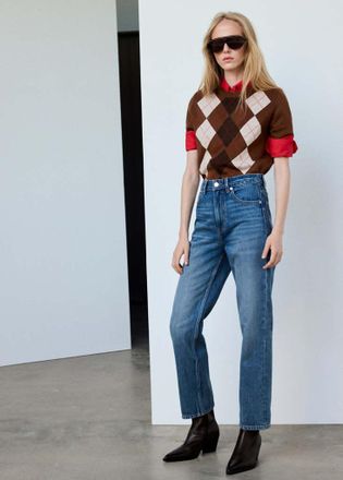 Mango Pull manches courtes &agrave; losanges marron - Femme - XXS - MANGO