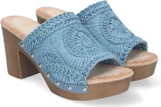 Shoes & Blues Sabot &agrave; talon haut pour femme, confortable, mat&eacute;riau imitation bois, avec pelle brod&eacute;e, clous et talon ouvert., bleu, 40 EU