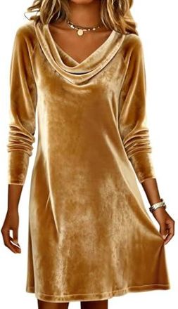 TOMWELL Robe en Velours Femme Moulante &agrave; Manches Longues &Eacute;l&eacute;gante Robe de Cocktail Soir&eacute;e A Or L