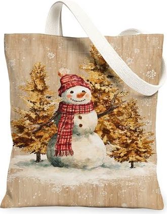 Generic Sacs fourre-tout en toile motif bonhomme de neige dhiver, sacs d&eacute;picerie r&eacute;utilisables, rustiques, vintage, l&eacute;gers, lavables, marron, 13x15 Inch