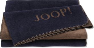 Joop Uni-Doubleface I weiche Kuscheldecke in Marine-Karamell I Wohndecke aus Baumwolle und Polyacryl in Dunkelblau I Tagesdecke 150x200cm | nachhaltig prod