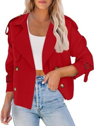 Generic Trench court &agrave; double boutonnage pour femme - Manches longues - Revers crant&eacute; - Avec poches - V&ecirc;tements dext&eacute;rieur d&eacute;contract&eacute;s et tendance, Rouge, XX