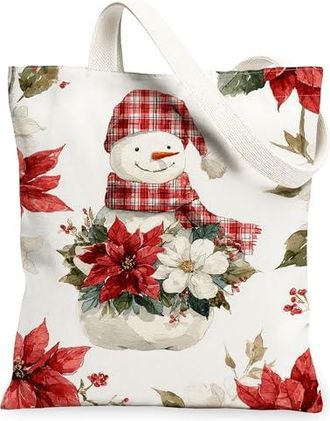 Generic Sacs fourre-tout en toile motif bonhomme de neige, sacs d&eacute;picerie r&eacute;utilisables, charmants vacances, l&eacute;gers et lavables avec bandouli&egrave;re, Blanc, 13x15