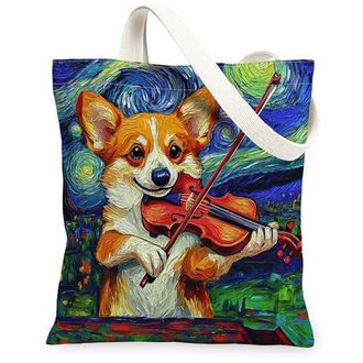 Generic Corgi Sac fourre-tout en toile r&eacute;utilisable pour le shopping Motif violon &eacute;toil&eacute; nocturne 33 x 38 cm