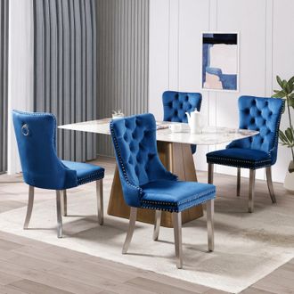 Generic Esszimmerstuhl-Set Aus Leder - Stühle Mit Hoher Rückenlehne, Knopfheftung Und Beinen Aus Massivholz(Silver-Blue,4)