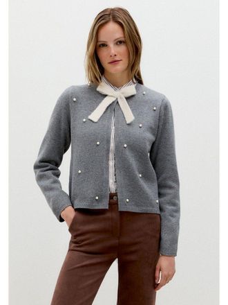 More & More Strickjacke kurze Feinstrickjacke mit Perlen und Schleife