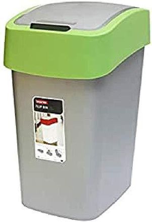 Curver Flip Bin - Poubelle 25L &agrave; couvercle basculant - Pour Cuisine, Bureau, Salle de Bain - 26 x 34 x 47 cm - Gris / Vert