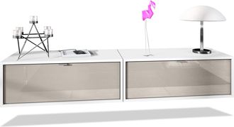 Vladon 2er-Set TV Board Lana 80, Made in Germany, Lowboards je 80 x 29 x 37 cm mit viel Stauraum, Korpus in Weiß matt, Fronten in Sandgrau Hochglanz | Große 
