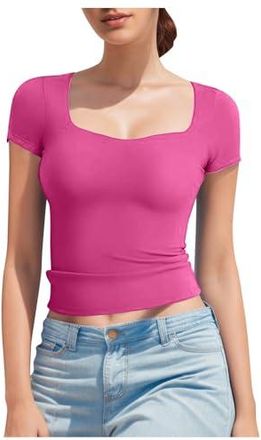 Generic Crop Top Femme Moulant, Haut à Encolure CarréE-Tunique Femme Manches Courtes Chic Et élégant Tee Shirt Couleur Pure Classique DéContracté Chemise Ajus