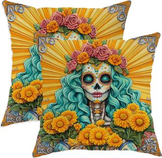 Generic Dekorative Kissenbezüge, Tag der Toten, buntes Blumenmuster, Totenkopf, lebendige böhmische Heimdekoration für Sofa, Couch, Bett, 45,7 x 45,7 cm, 2 St
