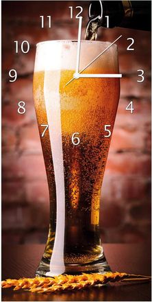 Wallario Design-Wanduhr, Acrylglasuhr Größe 30 x 60 cm, weiße Zeiger, Motiv Frisches Pils