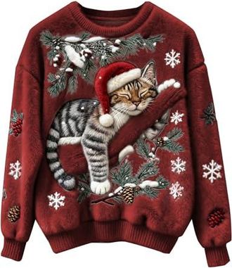 Generic Sweat-shirt de Noël en flanelle avec imprimé chat pour femme, style décontracté, élégant, doux et chaud, pull de Noël fantaisie à col rond, haut de va