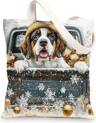 Generic Sac fourre-tout en toile pour le shopping Motif chien Saint-Bernard de No&euml;l 33 x 38 cm, sac d&eacute;picerie r&eacute;utilisable en tissu pour femme, peinture danim