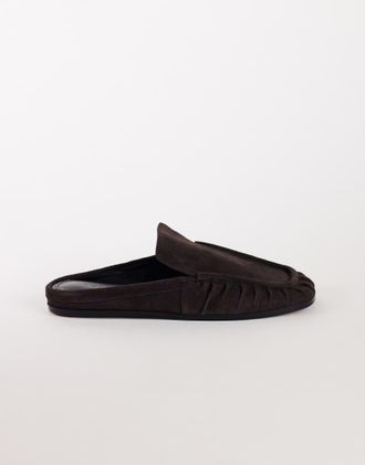 Topshop Brianna mocassin mule fronc&eacute; en daim chocolat-Marron