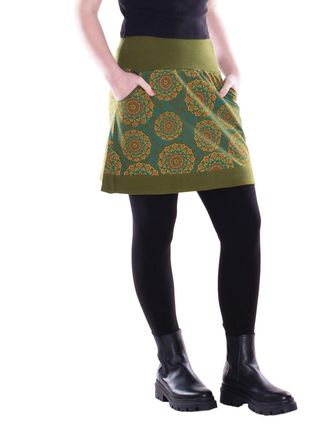 vishes Alternative Bekleidung - Damen Mini-Rock Baumwolle Mandala-Muster elastischer Bund mit Taschen Olive 38