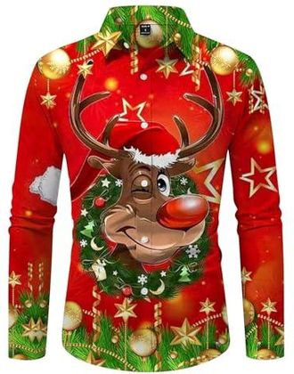 Generic Chemise de Noël pour homme - T-shirt de Noël boutonné à manches longues - Renne moche - Imprimé graphique - Fantaisie - Festival - Vacances - Fête - D