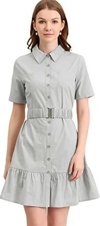 Allegra K Femmes Robe Chemise Safari Boutonnée Coton Ourlet Volanté Ceinture Gris S