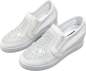 Generic Baskets &agrave; enfiler pour femme avec strass en maille - Chaussures de tennis respirantes - Plateforme scintillante - Talon cach&eacute; - Mocassins en toile, bl